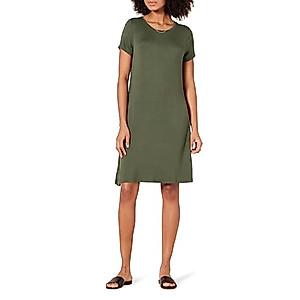 Amazon Essentials Women's Short-Sleeve Scoop Neck Swing Dress (Available in Plus Size), Dark Olive, Small