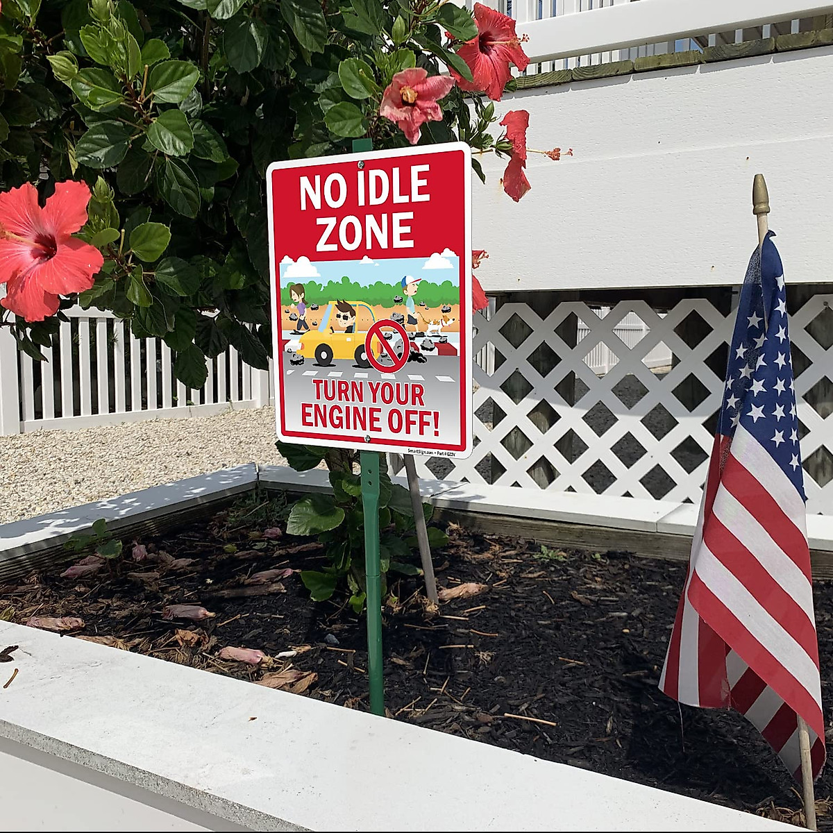 SmartSign 12 x 10 inch “No Idle Zone - Turn Your Engine Off” LawnBoss Yard Sign with 3 foot Stake, 40 mil Laminated Rustproof Aluminum, Multicolor, Set of 1, Made in USA