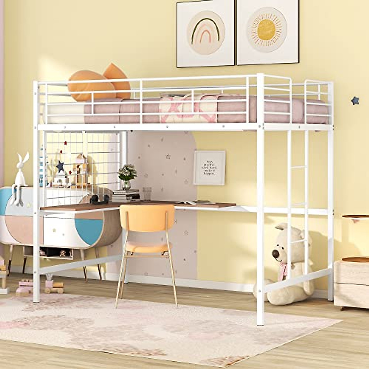 Goohome Full Size Metal Loft Bed with L-Shaped Desk and Metal Grid,Metal Loft Bed Frame with Ladder and Full Length Guardrail, Side Stairs, Space-Saving, Noise Free, No Box Spring Neede for Teen Adult
