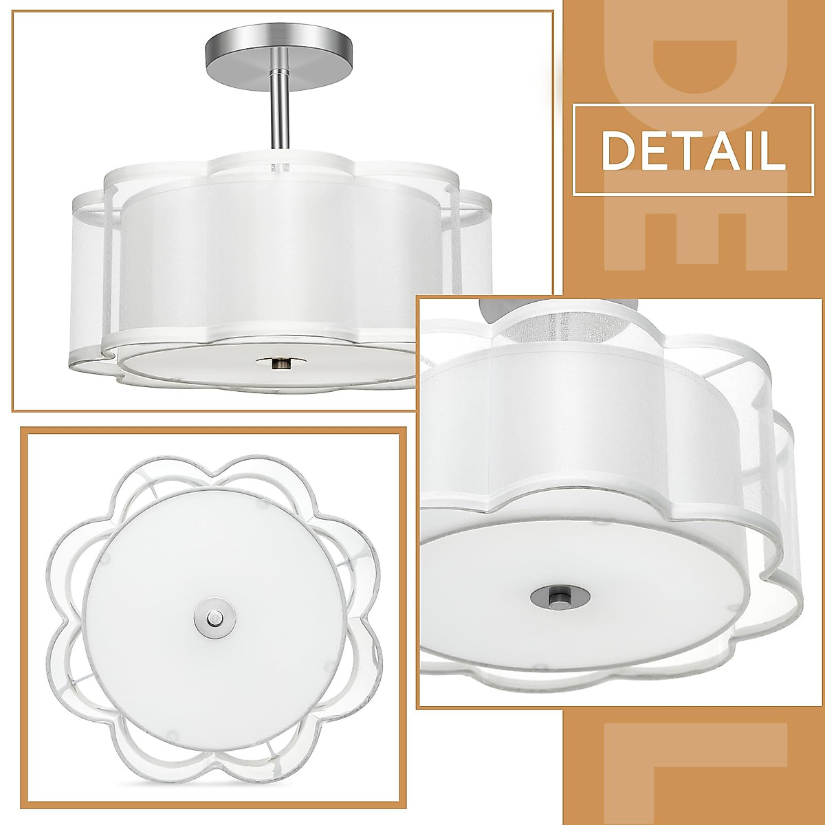 FRIDEKO HOME 3-Light Semi Flush Mount Ceiling Light Fixture Bedroom Light Fixtures with Double Fabric Shade Modern Close to Ceiling Lamps for Living Room Dining Room Kitchen Hallway Entry Foyer