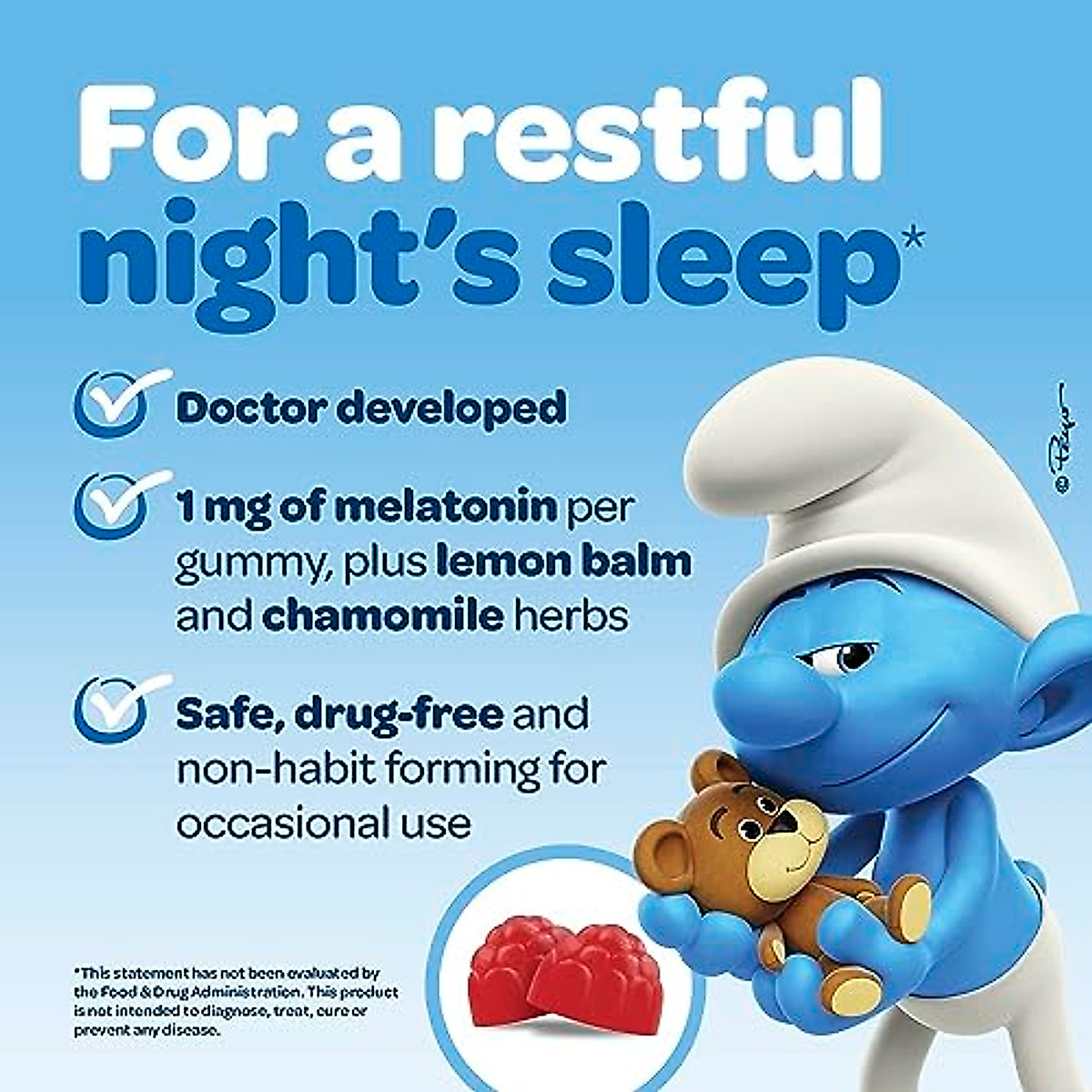 The Smurfs 1mg Melatonin Gummies for Kids with Chamomile & Lemon Balm for a Restful Sleep Age 3+ | Non-Habit Forming | Made with Real Fruit in a Smurf Berry | Doctor Developed | 50 Vegetarian Gummy