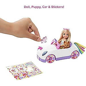 Barbie Chelsea Doll & Unicorn Toy Car, Blonde Small Doll in Removable Skirt, Pet Puppy, Sticker Sheet & Accessories