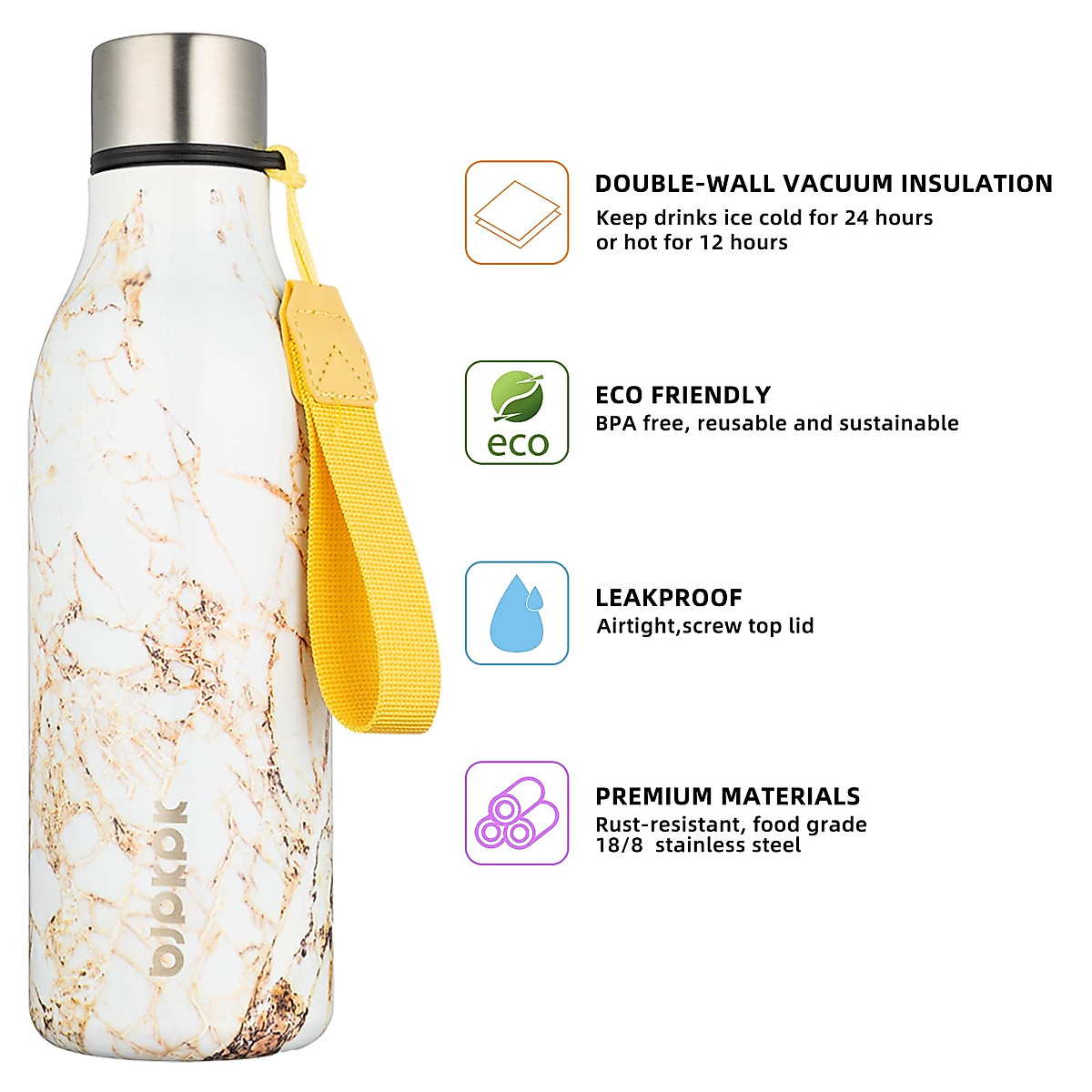 BJPKPK Insulated Water Bottles, 18 oz Stainless Steel Metal Water Bottle with Strap, BPA Free Leak Proof Thermos, Mugs, Flasks, Reusable Water Bottle for Sports & Travel, Marble-Amber