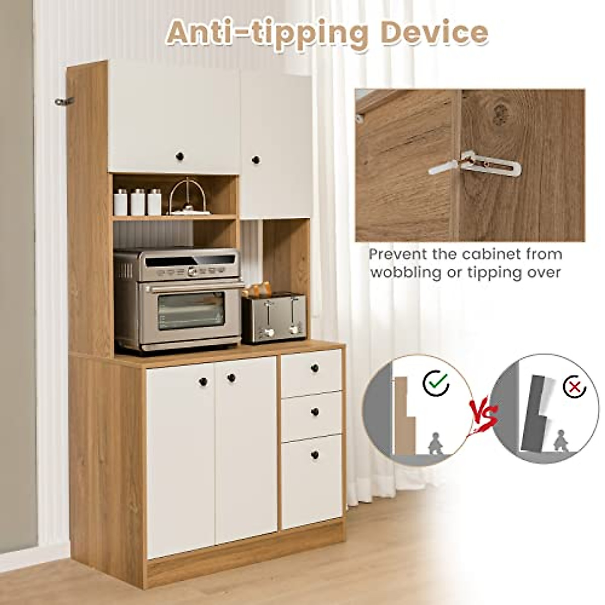 Giantex Kitchen Pantry, Buffet Hutch with 3 Storage Cabinet, 71'' Floor Large Cupboard with 3 Deep Drawers, Wide Countertop, Adjustable Shelves, Tall Sideboard (White & Natural)