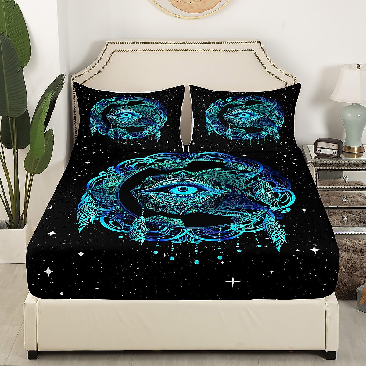Starry Galaxy Nebula Universe Bed Sheet Set 3 Pieces,Bohemian Exotic Mysterious Eyes Microfiber Bedding Set with Flat,Dreamcatcher Fitted Sheet,2 Pillow Cases,Full Size