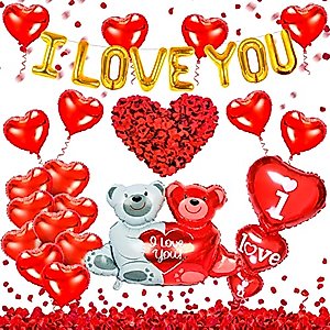 Valentines Day Balloons Decorations Kit - Teddy Bear Foil Balloons| 20Pcs Mylar Red Heart Shaped Balloons | I LOVE YOU Balloons & Red Balloons| 500Pcs Artificial Fake Rose Petals for Valentines Day