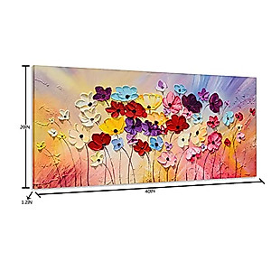 SYGALLERIER Colorful Floral Canvas Wall Art Hand Painted 3D Flower Artwork Frameds Modern Abstract Landscape Painting Textured Flower Pictures for Living Room Bedroom Bathroom Decor