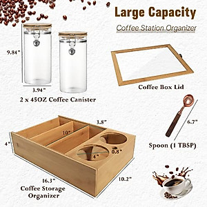 GNILLKO Coffee Storage Organizer with 2 PCS Coffee Canister, Wooden Coffee Bar Accessories Storage Container For Countertop, Farmhouse K Cup Coffee Pod Holder Basket For Coffee Lover