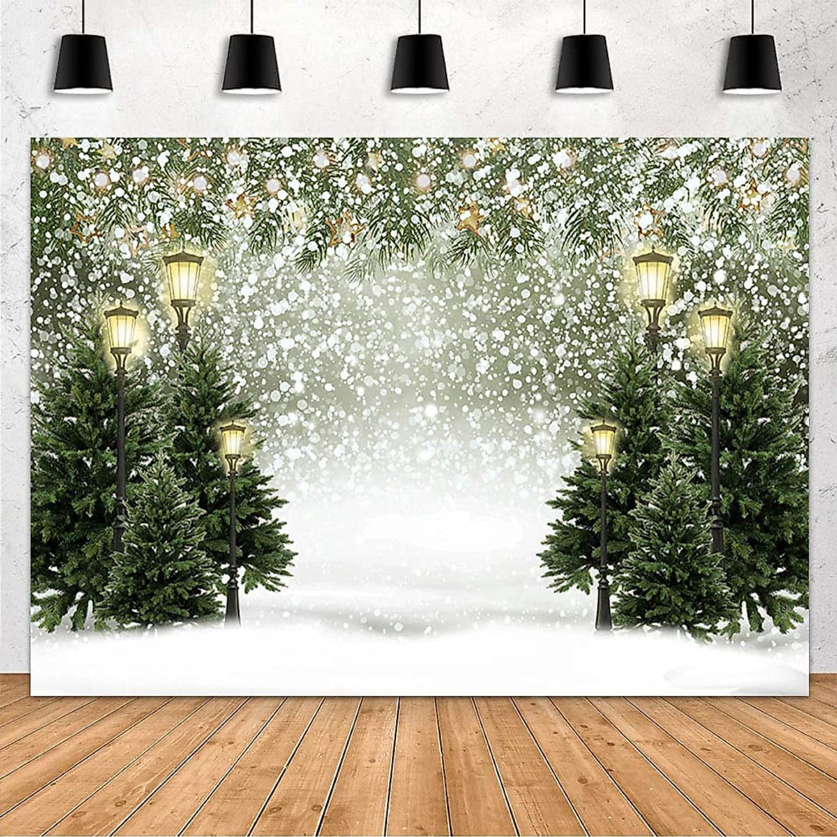 MEHOFOND Winter Christmas Tree Snowflake Photography Background Street Lamp Xmas Birthday Decoration Snowflake Banner Photo Backdrop Booth Props Vinyl 8x6ft