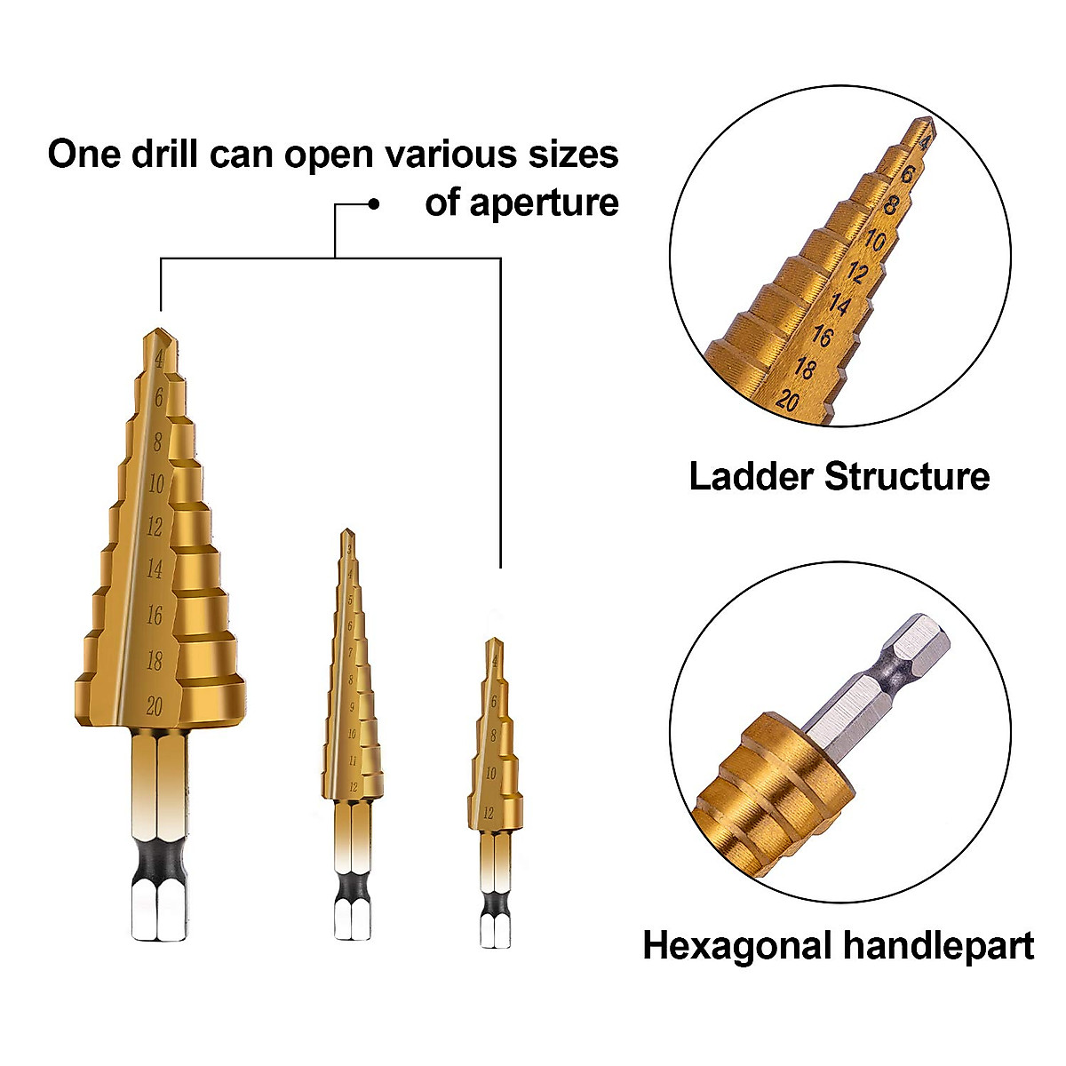 3Pcs HSS Titanium Coated Step Drill Bit Set, 1/4" Hex Shank Drive Quick Change High Speed Steel Cone Drill Bit for Sheet Metal Wood Plastic Hole Drilling Cutting (Metric 3-12mm/ 4-12mm/4-20mm)