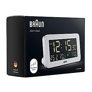 Braun Digital Alarm Clock with Date, Month and Temperature Displayed, Negative LCD Display, Quick Set, Crescendo Beep Alarm in White, Model BC10W.