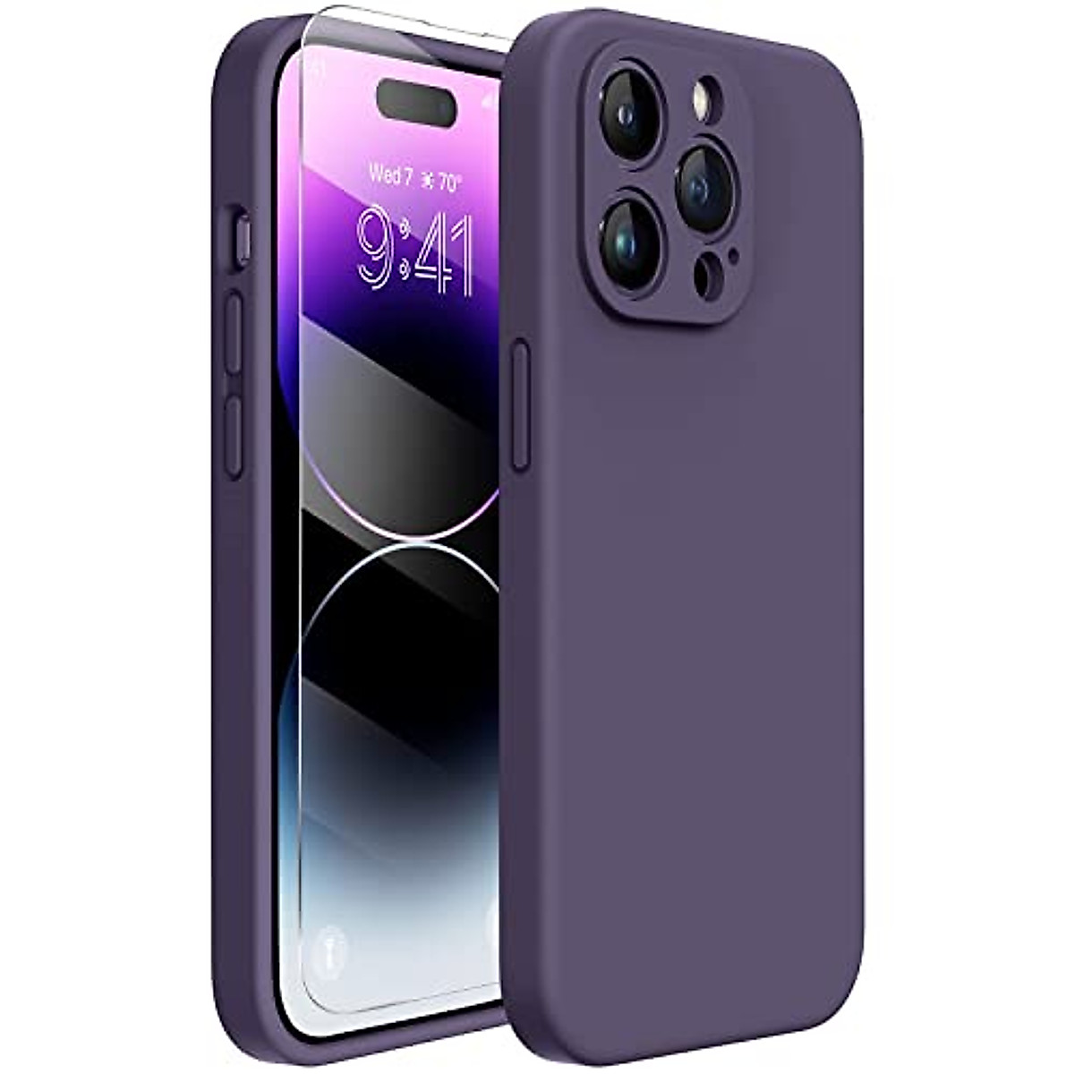 Miracase Designed for iPhone 14 Pro Case, with Tempered Glass Screen Protector, [Upgraded Camera Protection], Shockproof Liquid Silicone Rubber Phone Case Cover for 14 Pro 6.1 inch (Dark Purple)