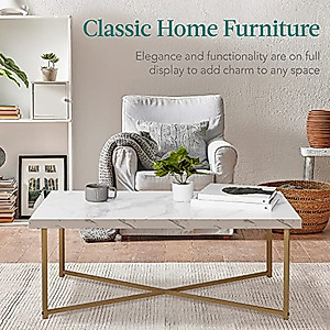 Best Choice Products 44in Rectangular Marble Coffee Table, X-Base Accent Table for Living Room, Dining Room, Home Décor w/Faux Marble Top - White/Bronze Gold