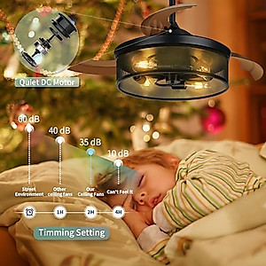 NEWORB 42 Inch Retractable Ceiling Fan with Lights, Reversible 6 Speeds Farmhouse Cage Fans Industrial Hidden Blade Ceiling Fans with Light and Remote, for Living Room, Bedroom, Patio, Black