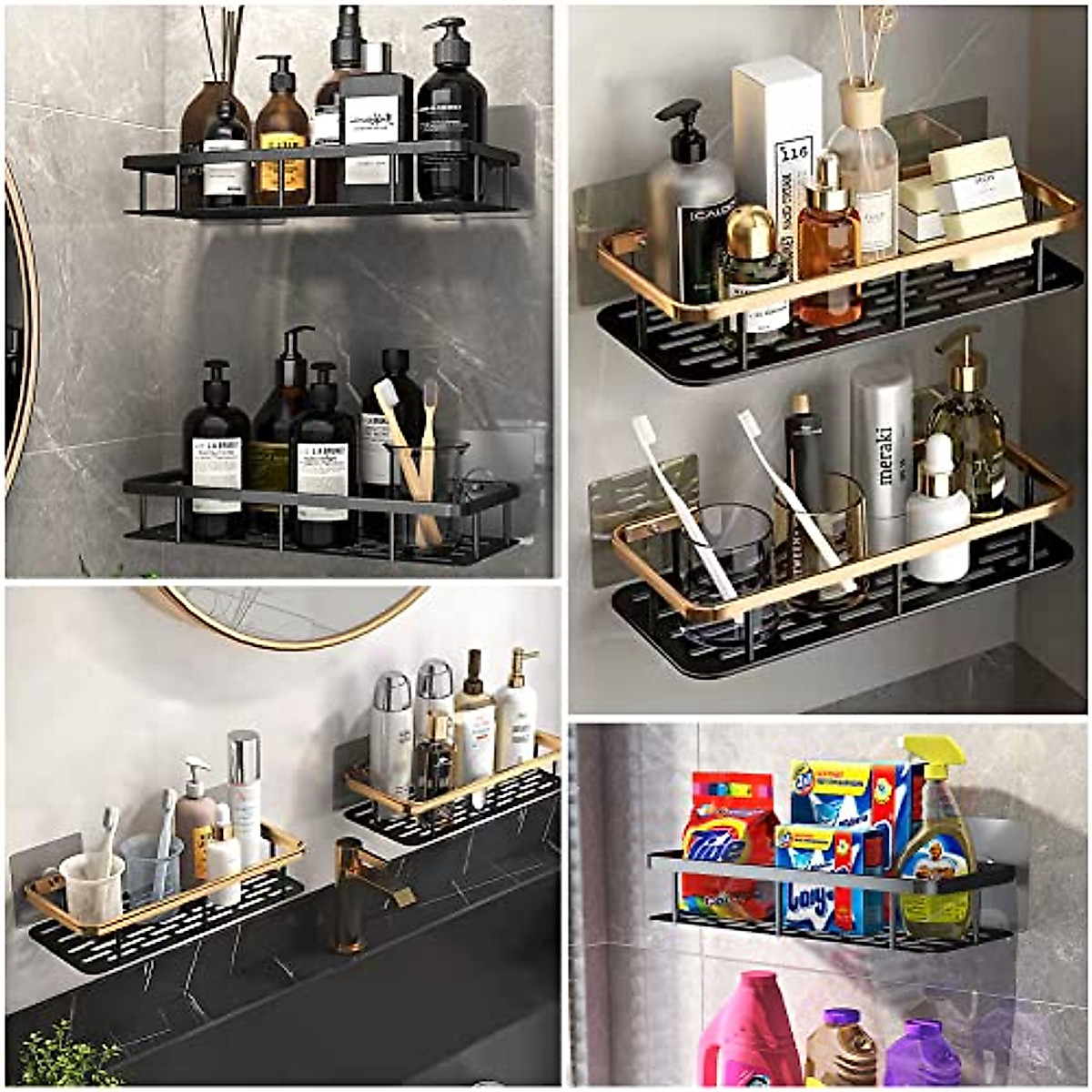 YHANEC 2 Pack Shower Caddy No Drilling Traceless Adhesive Shower Shelves Rustproof Space Aluminium Bathroom Shower Organizer with Hooks for Bathroom, Restroom, Kitchen