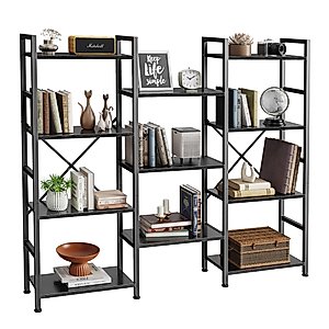 SUPERJARE Triple 5 Tier Bookshelf, Bookcase with 14 Open Display Shelves, Ladder Bookshelf, Wide Book Shelf Book Case with Steel Frame, Wood Board, for Home & Office, Dark Brown