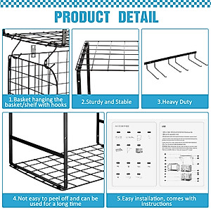 Willinglong 6 Pcs Wall Mounted Garage Shelf with Wire Baskets Set Garage Wall Shelving Tool Organizer Wall Mount Heavy Duty Garage Organization Shelves with Tool Rack and Hooks for Home Garden Storage
