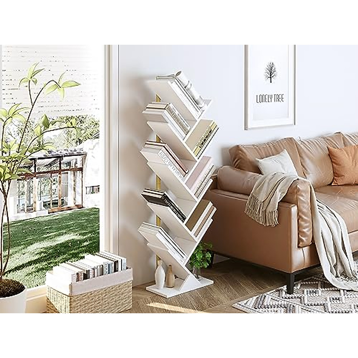 Yusong Tree Bookshelf, Geometric Bookcase with Steel Pipe for Living Room Bedroom, Floor Standing Books Shelves for Home Office (White, 9 Tier)