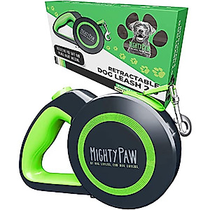 Mighty Paw Retractable Dog Leash 2.0 | 16’ Heavy Duty Reflective Nylon Tape Lead for Pets Up to 50 LBS. Tangle Free Design W/One Touch Quick-Lock Braking System & Anti-Slip Handle. (Green/Lite)