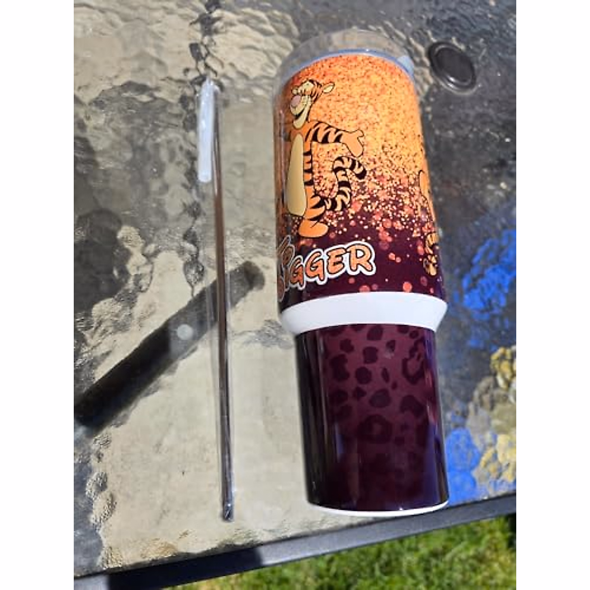 Bear Cartoon Movie Tigger Character Dancing Glitter Leopard Tumbler 40 Oz Stainless Steel With Handle And Straw, 40oz Tumbler Maintains Cold Heat and Ice for Hours