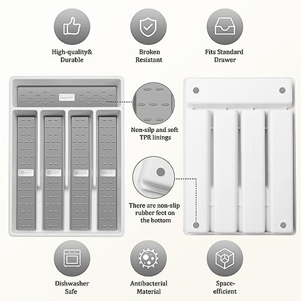 CherHome Silverware Organizer with Cutlery Icons，Silverware Tray for Kitchen Drawer，Plastic Flatware Tableware Silverware Drawer Organizer Utensil Organizer with Non-slip TPR Linings，5-Compartment（Grey）