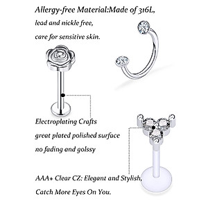 Vsnnsns 16G Lip Rings Stainless Steel Opal Horseshoe Labret Monroe Lip Rings Nail Cartilage Tragus Helix Earrings Studs Septum Ring Medusa Piercing Jewelry Retainer For Women Men Silver 8mm 26PCS