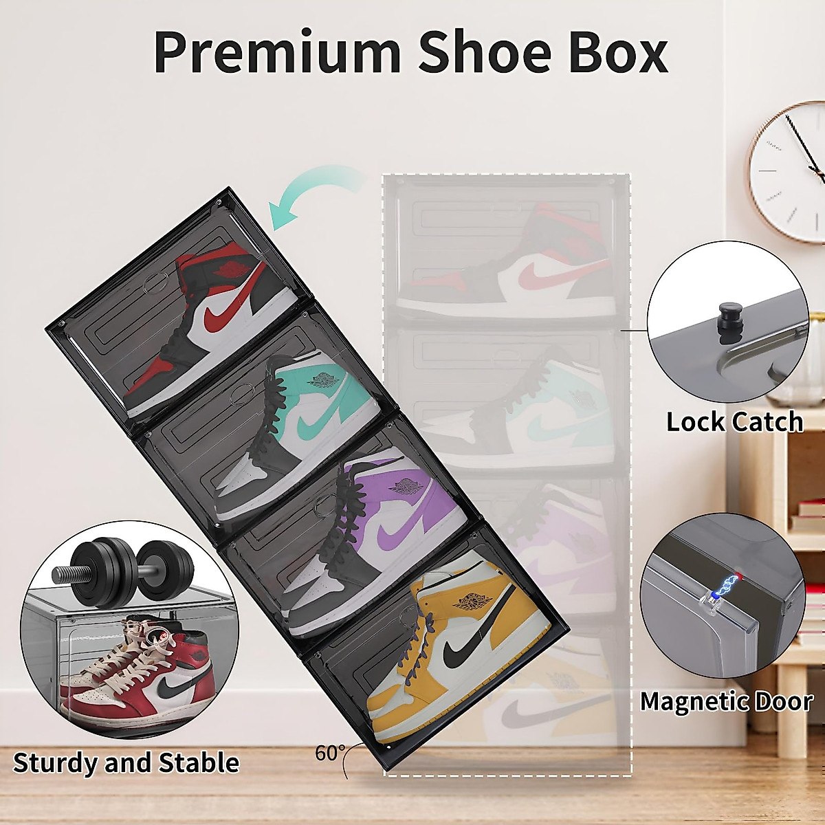 Large Shoe Boxes Clear Plastic Stackable, 8 Pack Drop Side Shoe Storage Organizer with Magnetic Door, Foldable Space-Saving Shoe Container Sneaker Storage Display Fit up to US Size 13 for Men/Women