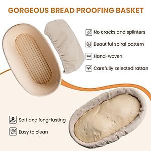 KIKCOIN Banneton Bread Proofing Basket, 10 Inch Oval Sourdough Bread Baking Supplies, Sourdough Proofing Basket Set of 2, Sourdough Starter Kit with Bread Lame, Linen Liner, Metal Scraper, Dough Whisk