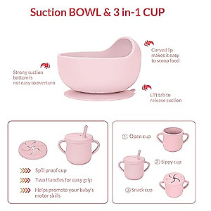 Silicone Baby Feeding Set - REIKTLUD Baby Led Weaning Supplies - Silicone Suction Bowls Divided Plates, Sippy and Snack Cup - Toddler Self Feeding Eating Utensils Set with Bib, Spoons, Fork (Pink)