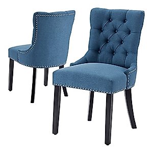 Kingfun Dining Chairs Set of 2, Upholstered Tufted Kitchen&Dining Room Chairs, Modern Accent Chairs Side Chair for Dinner Table/Waiting Room, Padded Nailhead Fabric Parsons Chairs(Solid Wooden, Blue)