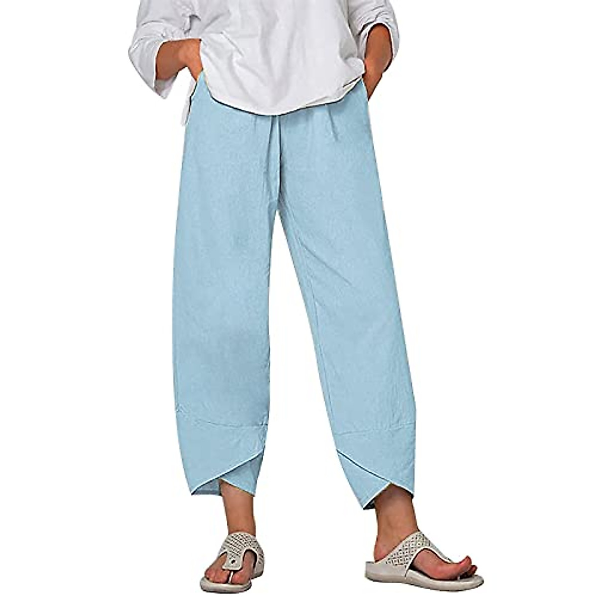 LIUguoo 2024 Summer Pants for Women Casual Pockets Cotton Linen Wide Leg Drawstring Elastic Waist Capris Crop Pants Slacks Light Blue