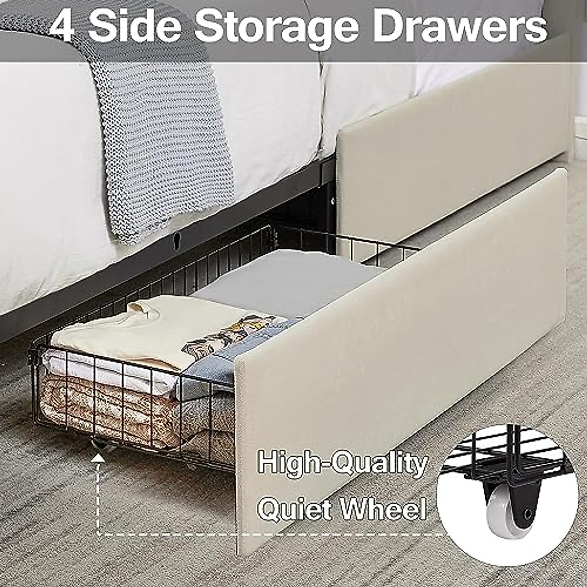 VECELO Full Size Upholstered Bed Frame with 4 Drawers and Adjustable Headboard, Velvet Platform Storage Bedframe Mattress Foundation, Wooden Slats Support, No Box Spring Needed, Beige