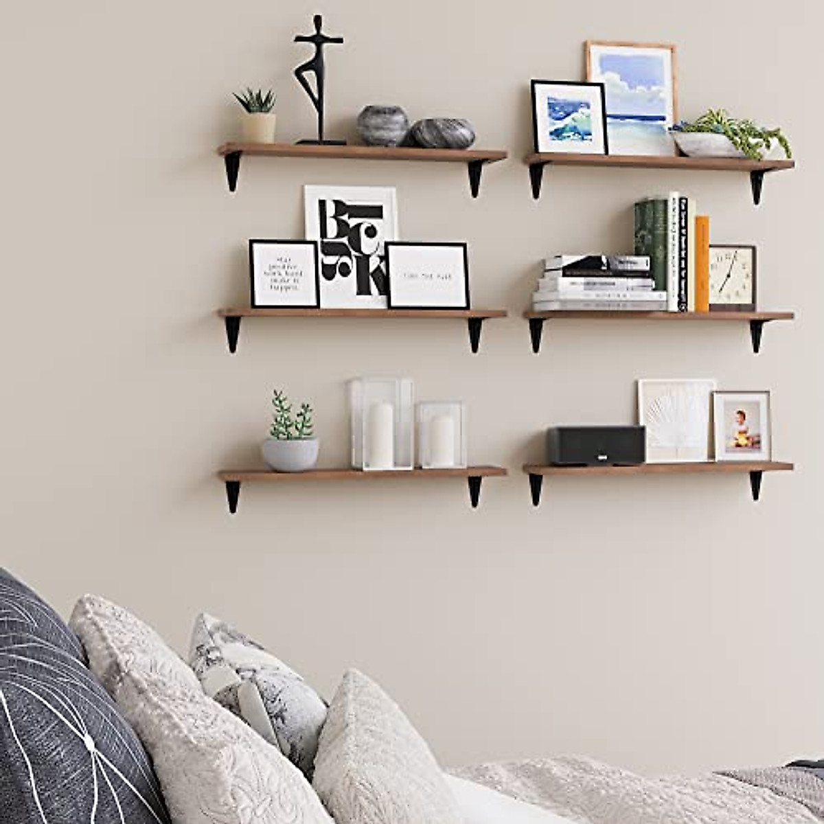 Wallniture Arras Floating Shelves for Wall, Bookshelves & Wall Storage Shelves for Living Room Decor, Office, Bedroom Walnut 24" Bookshelf Set of 6