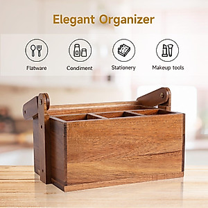 Mowsug Acacia Wood Silverware Caddy with Handle| Wooden Utensil Holder and Organizer with 4 Compartments| Cutlery Caddy Utensil holder for countertop| Ideal for Parties, Picnics, Outdoor Camping
