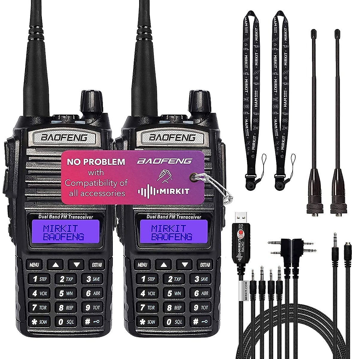 Mirkit Bundle with 2Pcs Radio Baofeng UV-82 MK5 8 Watt Max Power - 2Pcs of Dual Band Antenna Upgraded MP-701 SMA Female VHF/uhf 8.5inch - 6 in 1 FTDI USB Programming Cable