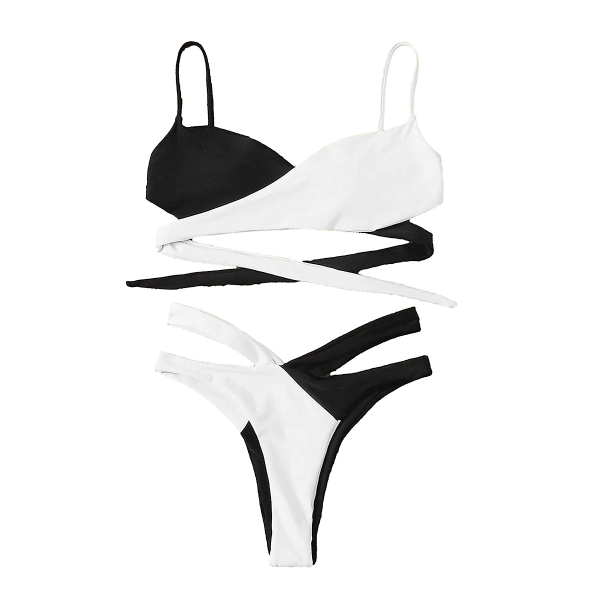 Lilosy Sexy Wrap Criss Cross Cutout Two Tone Color Block High Cut Leg Thong Brazilian Bikini Swimsuit Set Women Cheeky Bottom Tie Back Bathing Suit 2 Piece White and Black 2# Medium