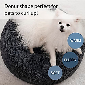 WELLYELO Calming Dog Bed, 20In Donut Dog Bed, Anti Anxiety Dog Bed & Cat Bed, Machine Washable Fluffy Plush Round Dog Beds for Small Medium Dogs Cats (Small, Gray)