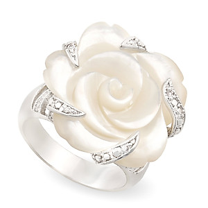 JanKuo Jewelry Rhodium Plated Carved Mother of Pearl Flower with Cubic Zirconia Cocktail Ring