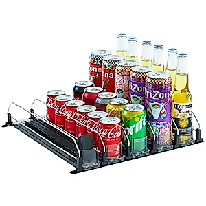 Jillmo Drink Organizer for Fridge, Self-Pushing Soda Can Organizer for Refrigerator, Width Adjustable Pusher Glide, Black, 5 Row