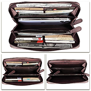 LRTO Genuine Leather Wallets for Women Zip Around Wallet Purse RFID-Blocking Retro Handmade Clutch Money Clip Card Organizer (Coffee)