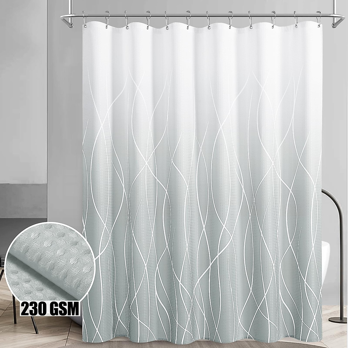 Naturoom Light Grey Fabric Shower Curtain Set Heavy Duty Waffle Weave Textured Bath Curtain, Modern Ombre Shower Curtains for Bathroom, Hotel Restroom Bath Decor Sliver Gray 72 x 72