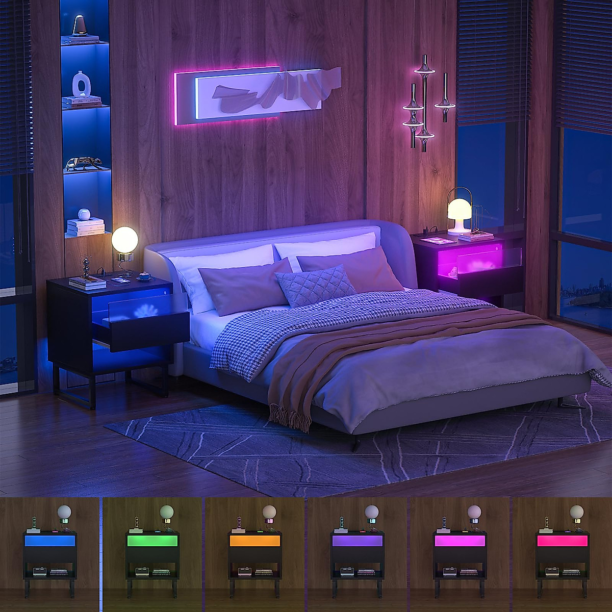 LED Nightstand with Charging Station, Black Night Stand with Charger Station, Bedside Table End Tables Bedroom, Modern Night Stand with a Big Capacity Drawer