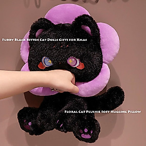 ELAINREN Crazy Flower Cat Plush Kitten Toy, Cute Kitty Stuffed Animal Floral Cat Plushie Soft Hugging Pillow Decor Furry Black Kitten Cat Dolls Gifts for Xmas,11.8''