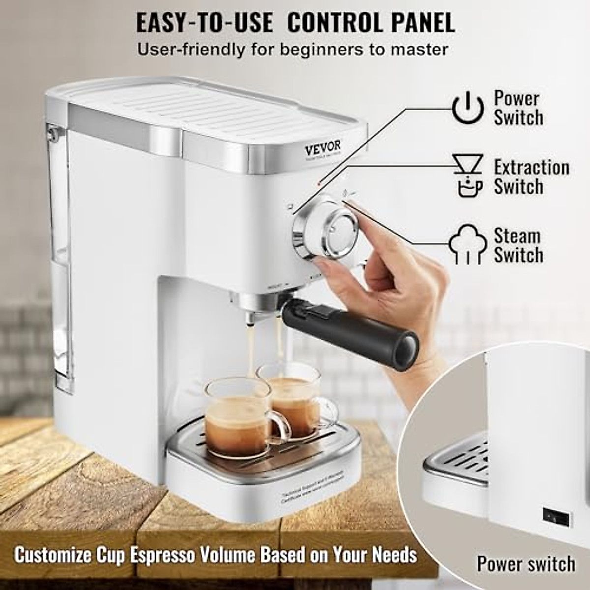 VEVOR Espresso Coffee Machine, 15Bar Semi-Automatic Espresso Maker with Milk Frother Steam Wand, Professional Cappuccino Latte Machine with High-Power Boiler & Removable Water Tank, NTC Control System
