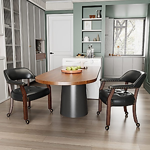 LEEMTORIG Large Dining Chairs with Casters and Arms, Rolling Dining Chairs with Wheels, Accent Game Chairs Boss Caption's Chairs, 26" D x 25.2" W x 31.5" H, Cherry Legs & Black SY-1533-BK