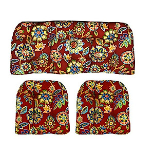 RSH DECOR Indoor Outdoor 3 Piece Tufted Wicker Cushion Set, Two U-Shape 19" x 19" and Loveseat 41" x 19" Daelyn Cherry Red with Blue Yellow, Green Floral