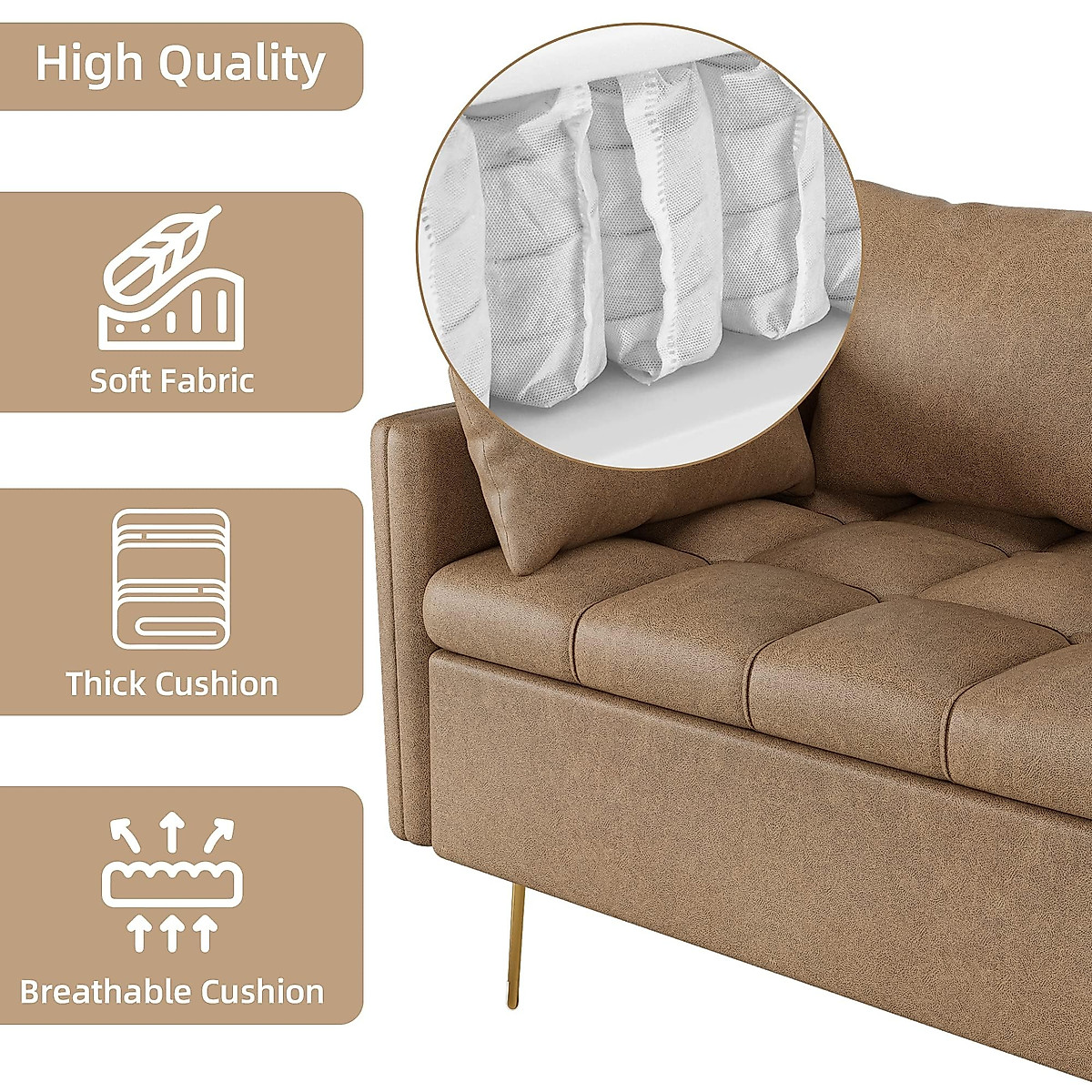 Couch, 3-Seat Faux Leather Sofa with Lift-Up Storage Box, Thick Foam Cushion with Button Tufted Design, and Gold Metal Leg, Couches for Living Room, Apartment, Office (Light Brown)