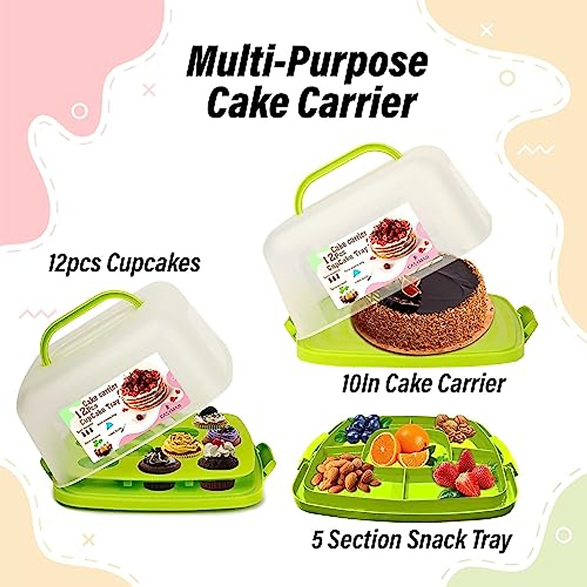 CASYMAR Portable Cake Carrier with 12 Cupcake Holder with Lid- Plastic Cake Containers with Lids Includes Knife & Accessories-Two Sided Base for Snacks Cookies Nuts Fruit etc-Suitable for 12-inch Cake