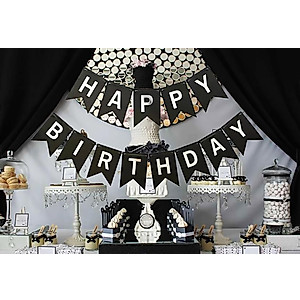 Runhiskii Black Happy Birthday Banner, Durable Happy Birthday Sign with White Silver Letters for Birthday Party Decorations