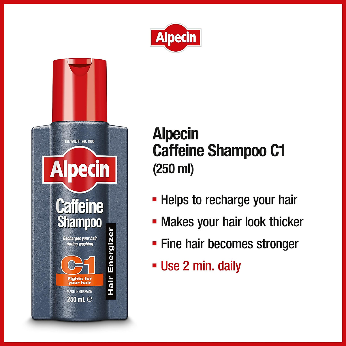 Alpecin C1 Caffeine Shampoo, 8.45 fl oz, Cleanses the Scalp to Promote Natural Hair Growth, Leaves Hair Feeling Thicker and Stronger